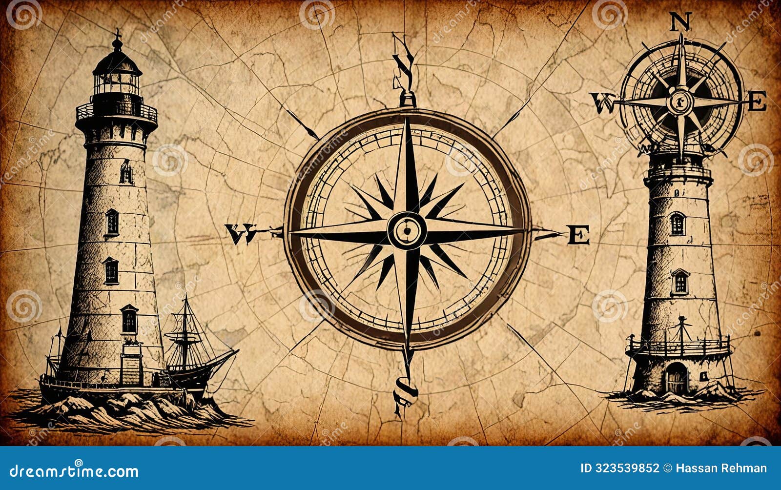 Old Sea Compass, Lighthouse and Sea Knot on Abstract Map Background ...