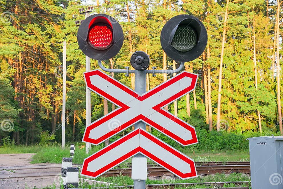 Old Semaphore with Red Light in the Forest Stock Image - Image of ...