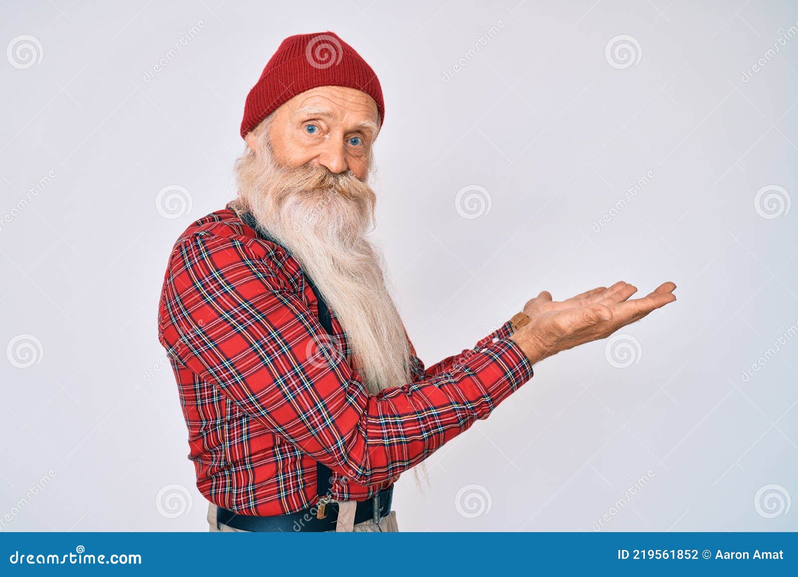Old Senior Man With Grey Hair And Long Beard Wearing Hipster Look With