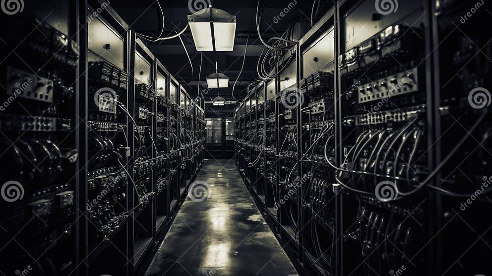 An Old Server Room Filled with Connecting Wires Stock Illustration ...