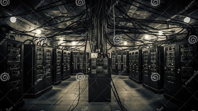 An Old Server Room Filled with Connecting Wires Stock Illustration ...