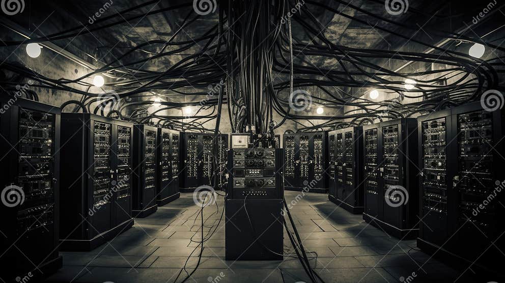 An Old Server Room Filled with Connecting Wires Stock Illustration ...