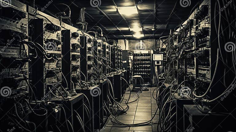 An Old Server Room Filled with Connecting Wires Stock Illustration ...