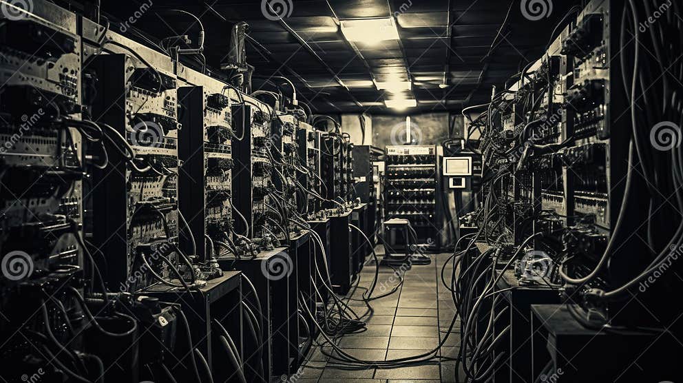 An Old Server Room Filled with Connecting Wires Stock Illustration ...
