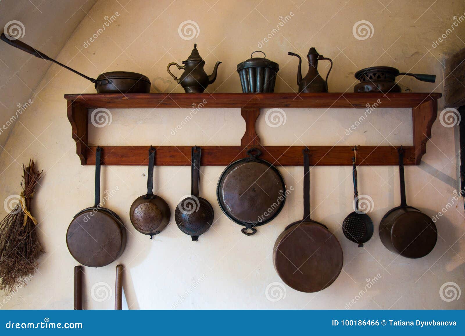 Old Set of Old Pans in Medieval Kitchen Stock Photo - Image of saucepan ...