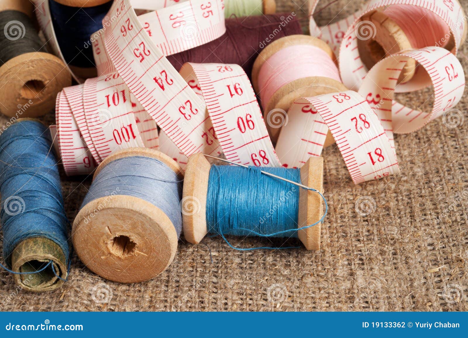 Sewing Items: Retro Tailoring Scissors, Measuring Tape, Wooden Spools ...