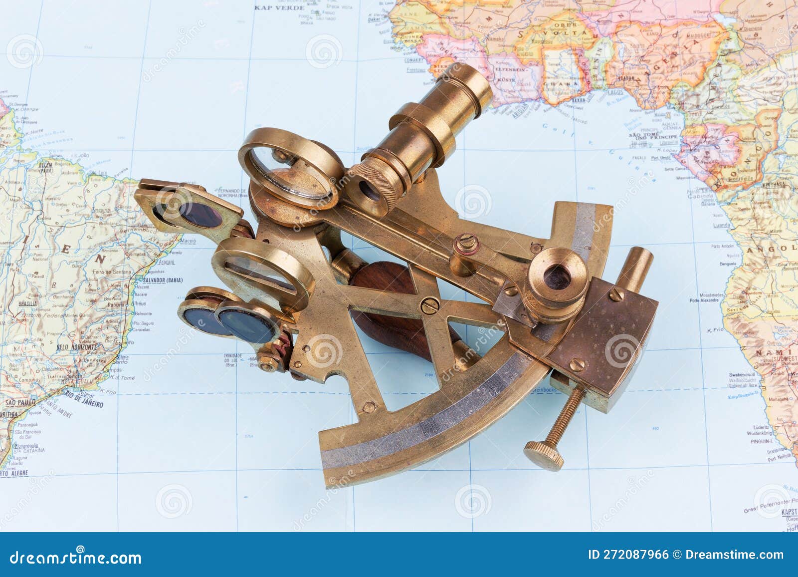 Old Brass Sextant Lying on World Map Stock Photo - Image of device ...