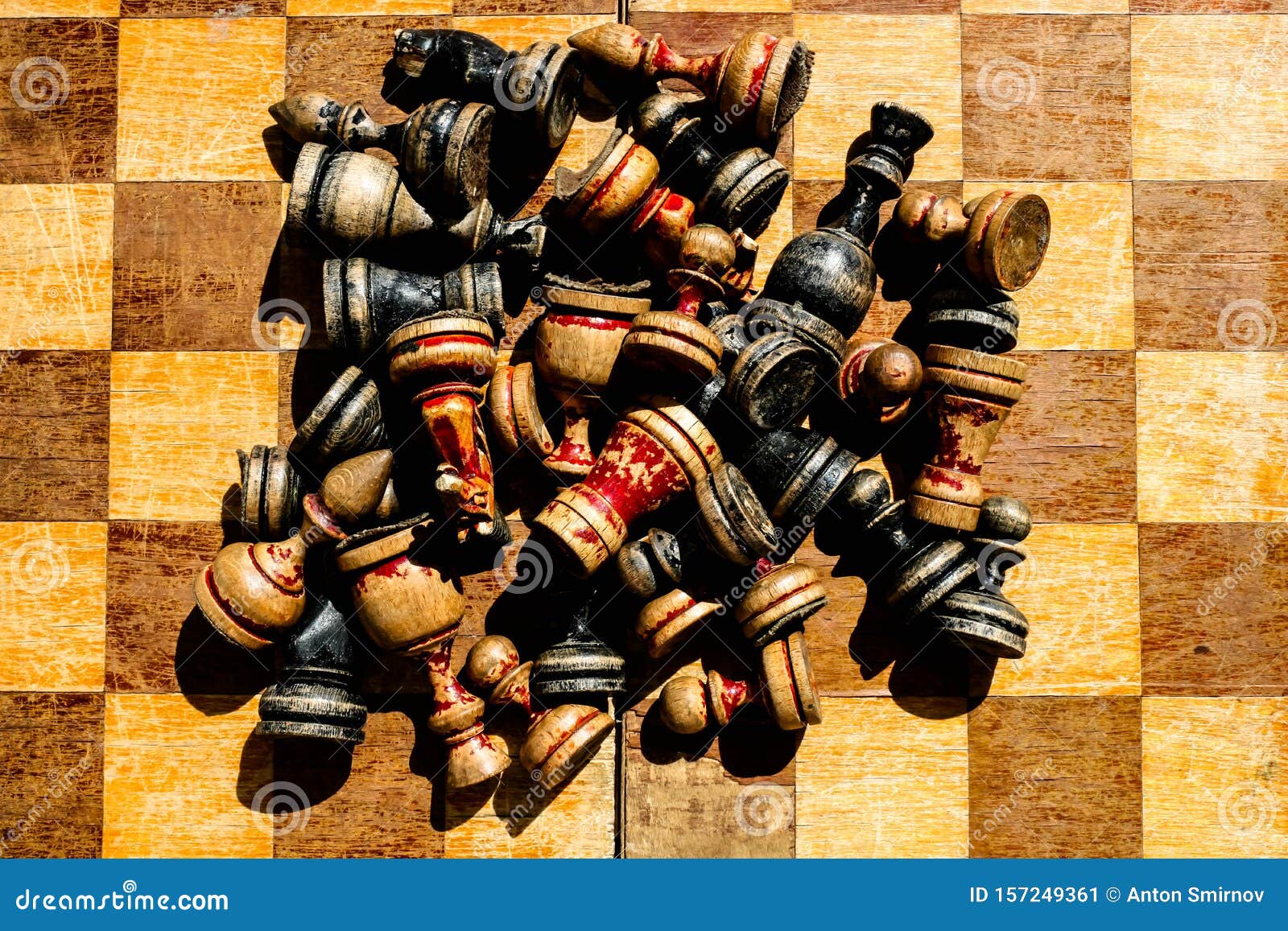 Old Shabby Chess Pieces Scattered on a Chessboard Stock Image - Image ...