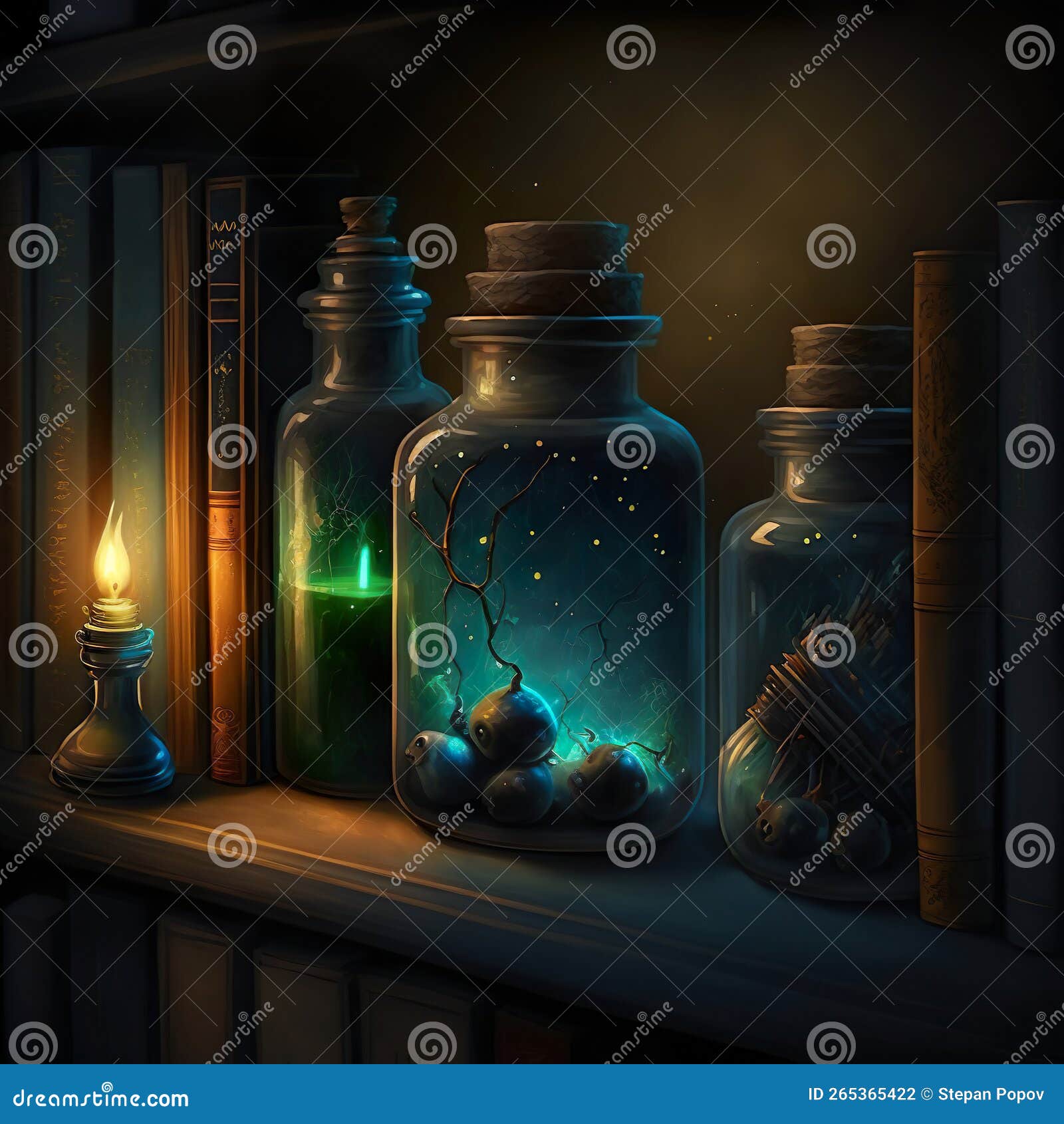 An Old Shelf with Magic Objects, Potions, Some Magical Books and a Lit ...