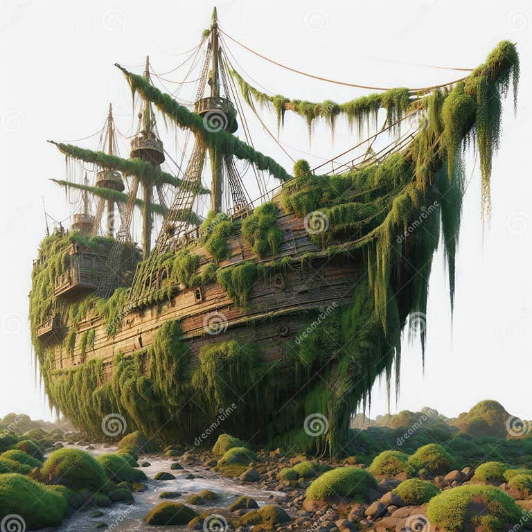 An Old Ship Covered with Moss and Thickets. Stock Image - Image of lost ...