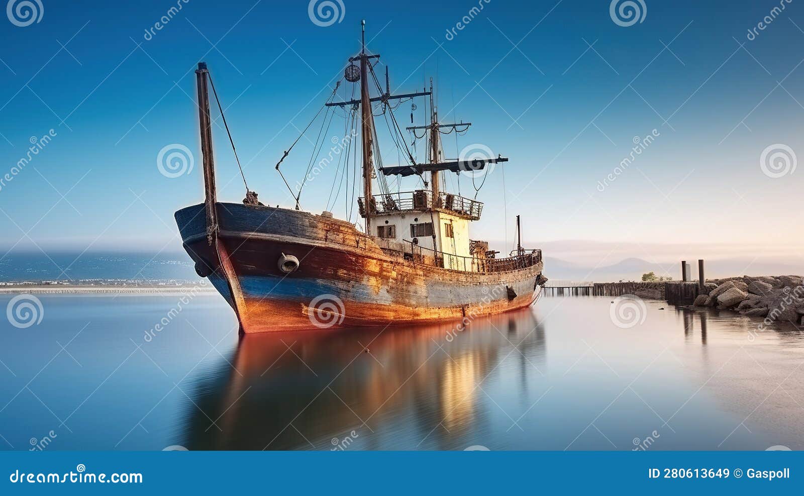 Old Ship in Front of Pier in Long Exposure of Water in Summer Day ...