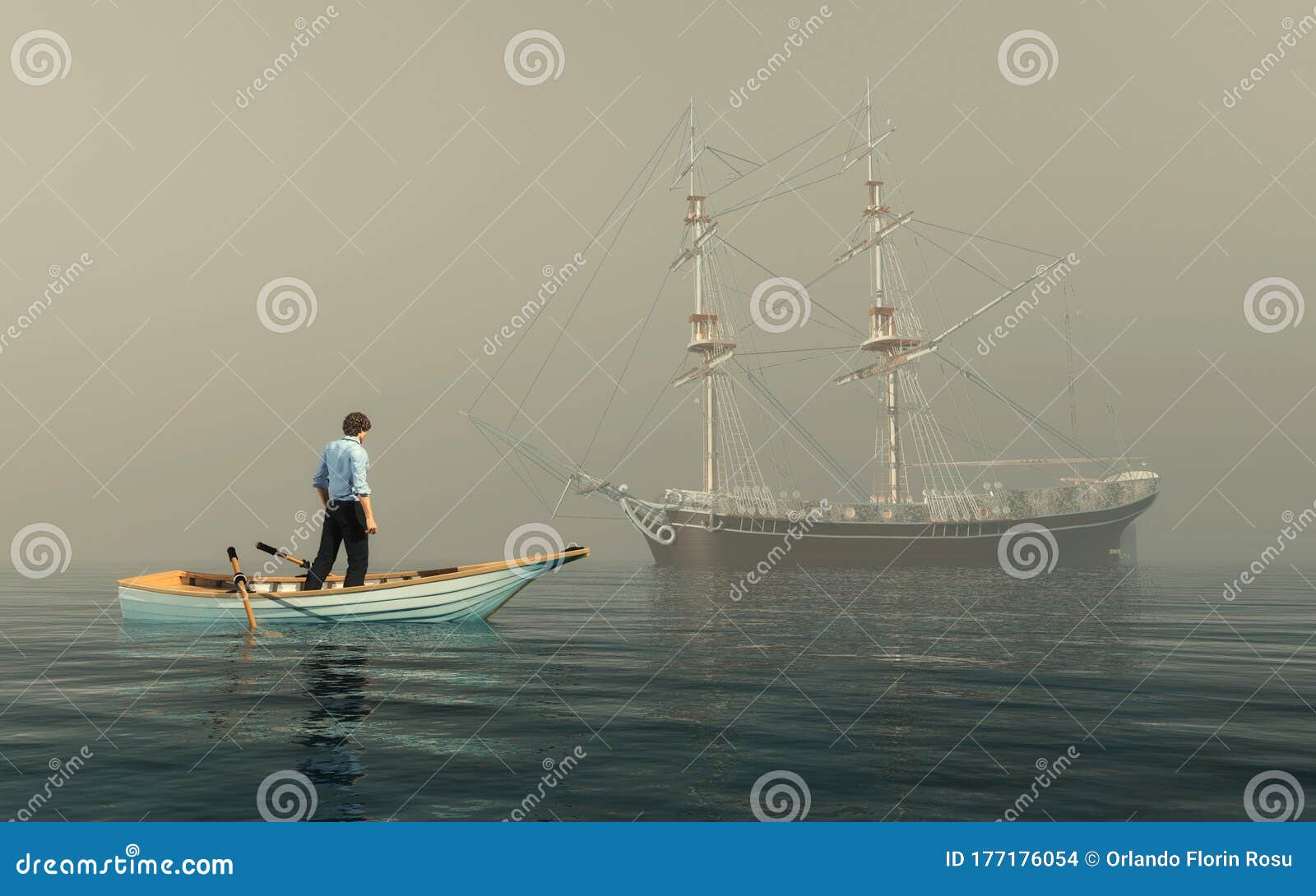 Man on a Small Boat Looking at a Near Old Ship . Stock Illustration ...
