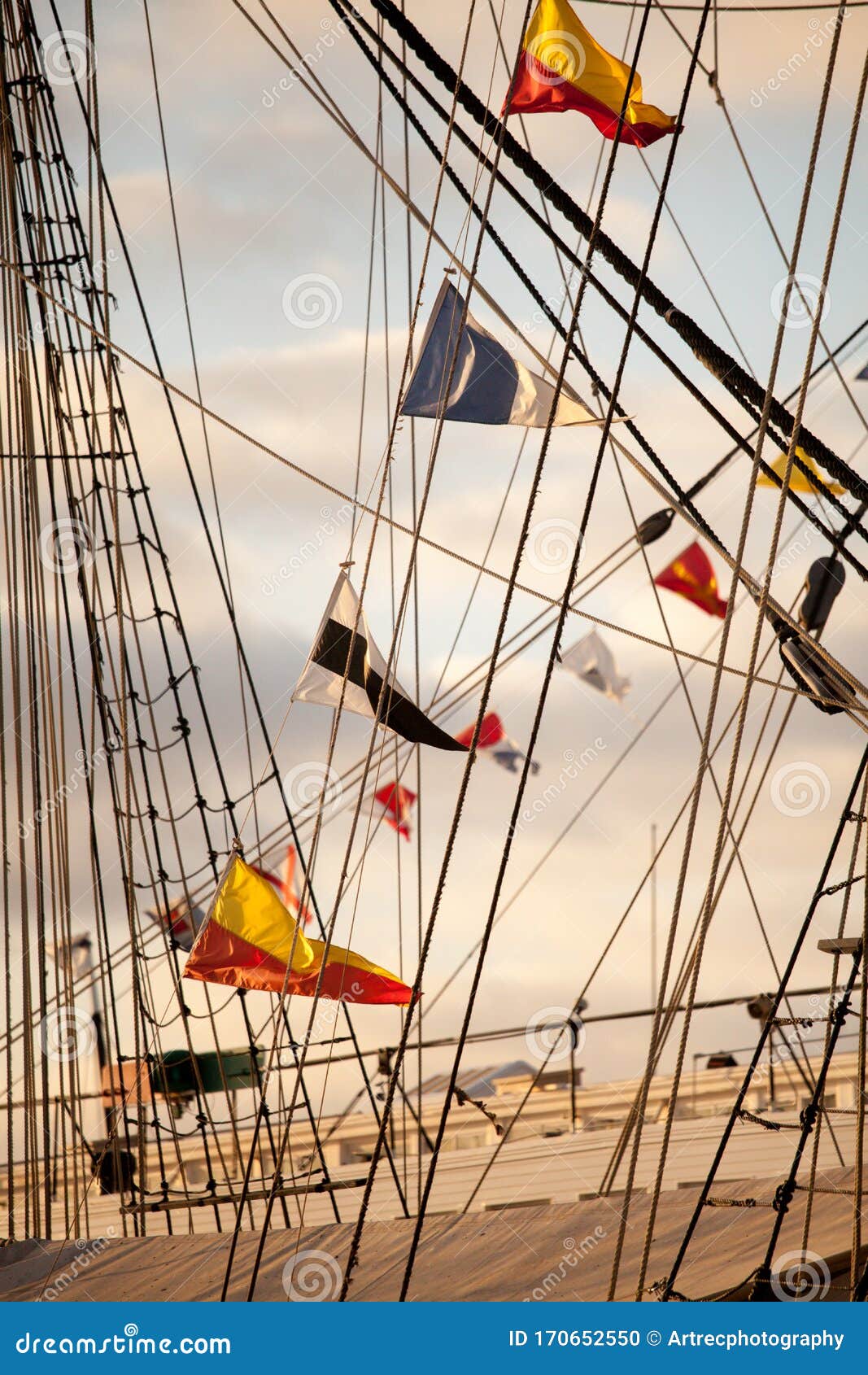 Sailing Vessel Rigging Close Up with Flags Stock Photo - Image of ...