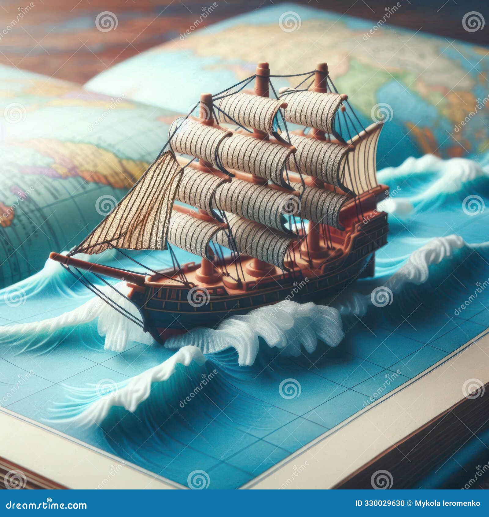 An Old Ship Sailing on the Waves of an Atlas Page. Stock Photo - Image ...