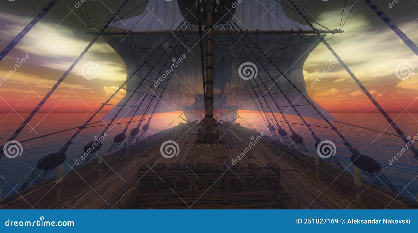 Old Ship Sunset at Sea 3d Rendering Stock Illustration - Illustration of merchant, frigate ...