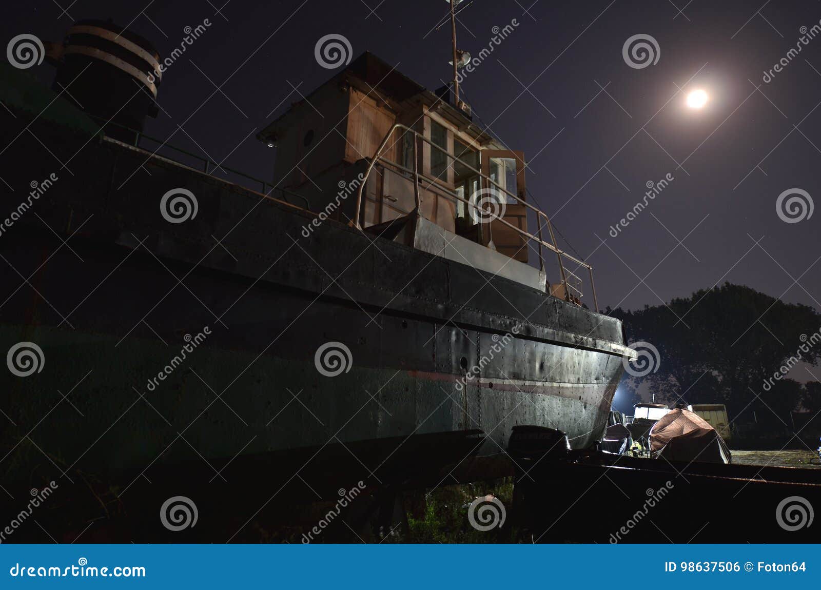 Old Ship Under Moonlight. Full Moon on Sky. Night. Stock Photo - Image ...