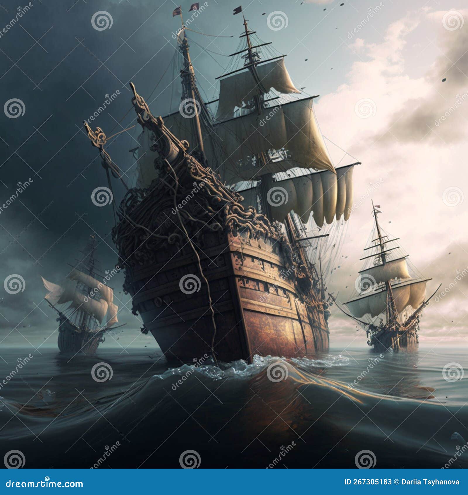 Old Ships Tacked in Ocean. Generative AI Stock Illustration ...