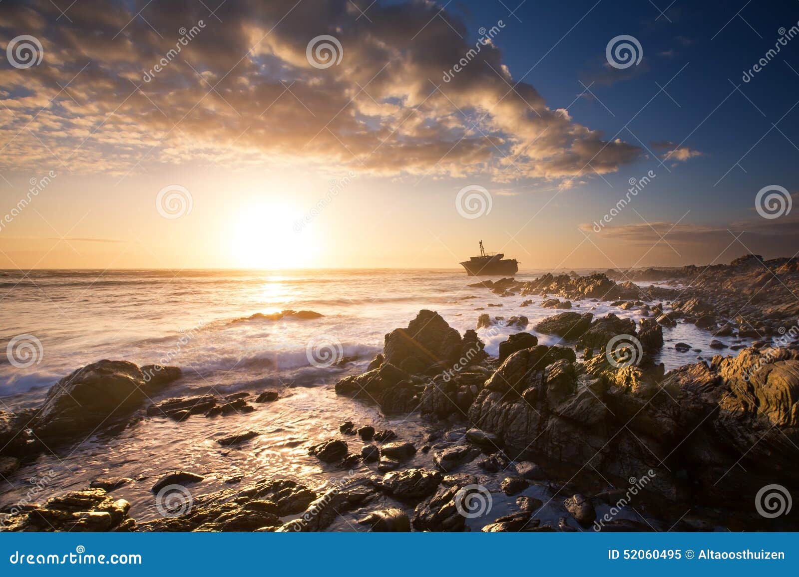 Old Shipwreck Long Exposure on the Rocks Sunse Stock Image - Image of ...