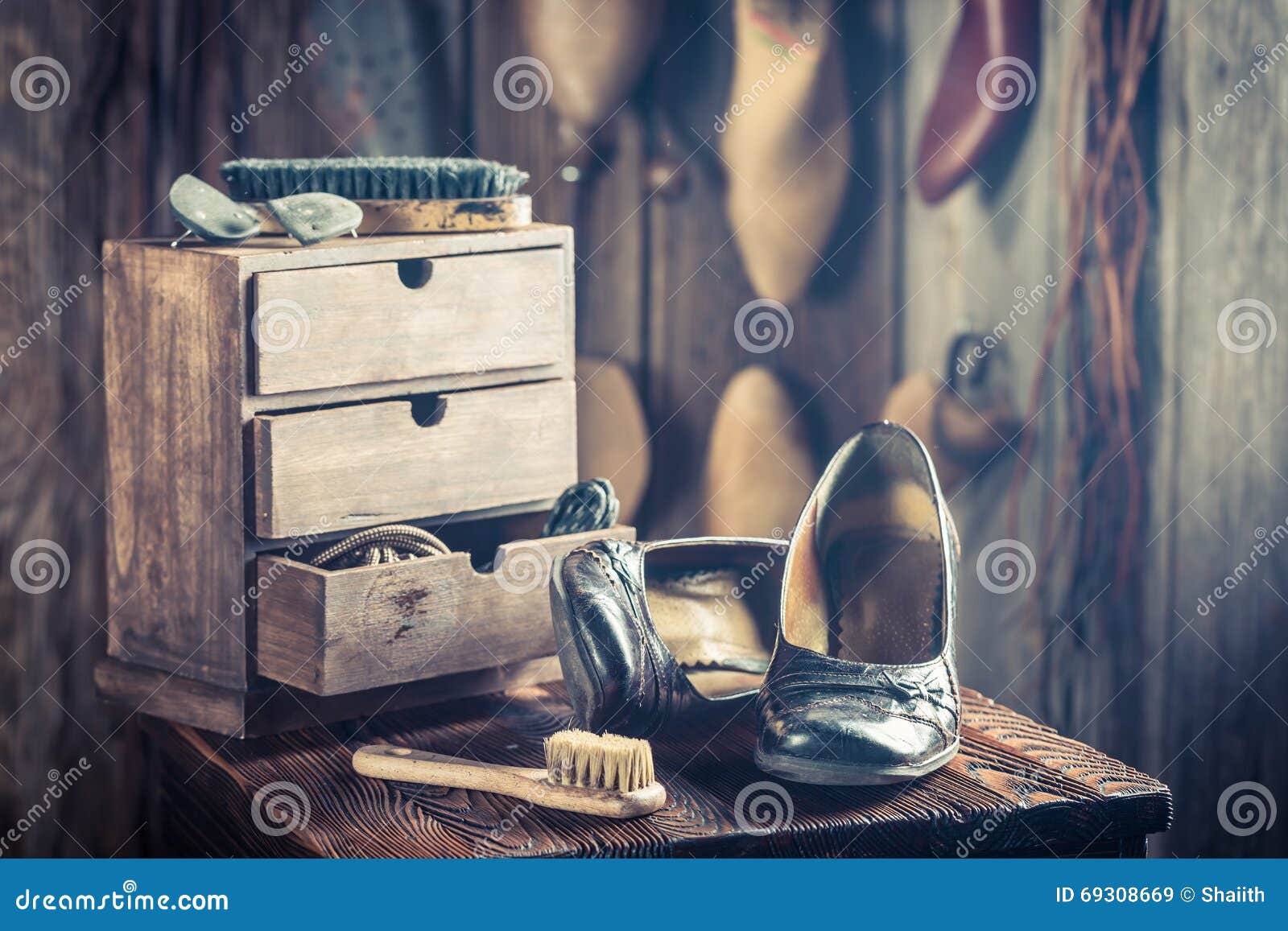 Old Shoemaker Workshop with Tools, Shoes and Leather Stock Image ...