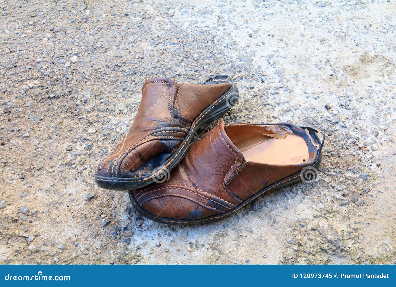 Old Shoes Leather Worn Out on Floor Road Background Stock Image - Image ...