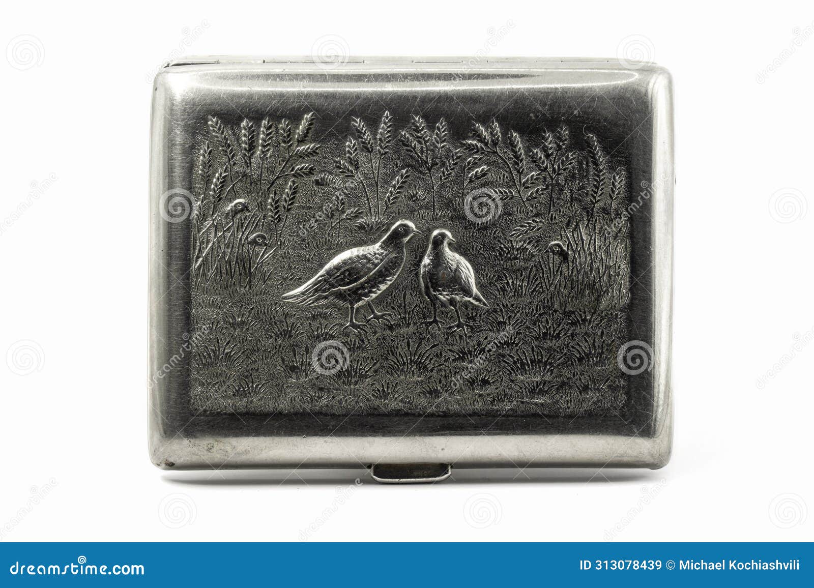 An Old Silver Cigarette Case with a Bas-relief of Two Quails among the ...