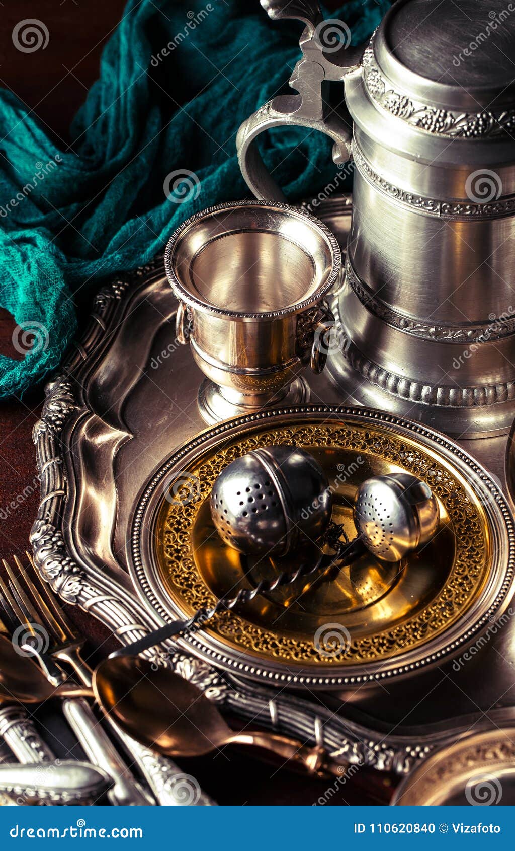 Old silver ware stock photo. Image of food, spoon, cups - 110620840