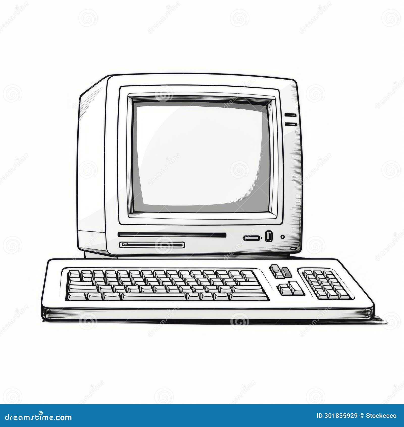 Vintage Computer Drawing on White Background - Graphic Illustration ...