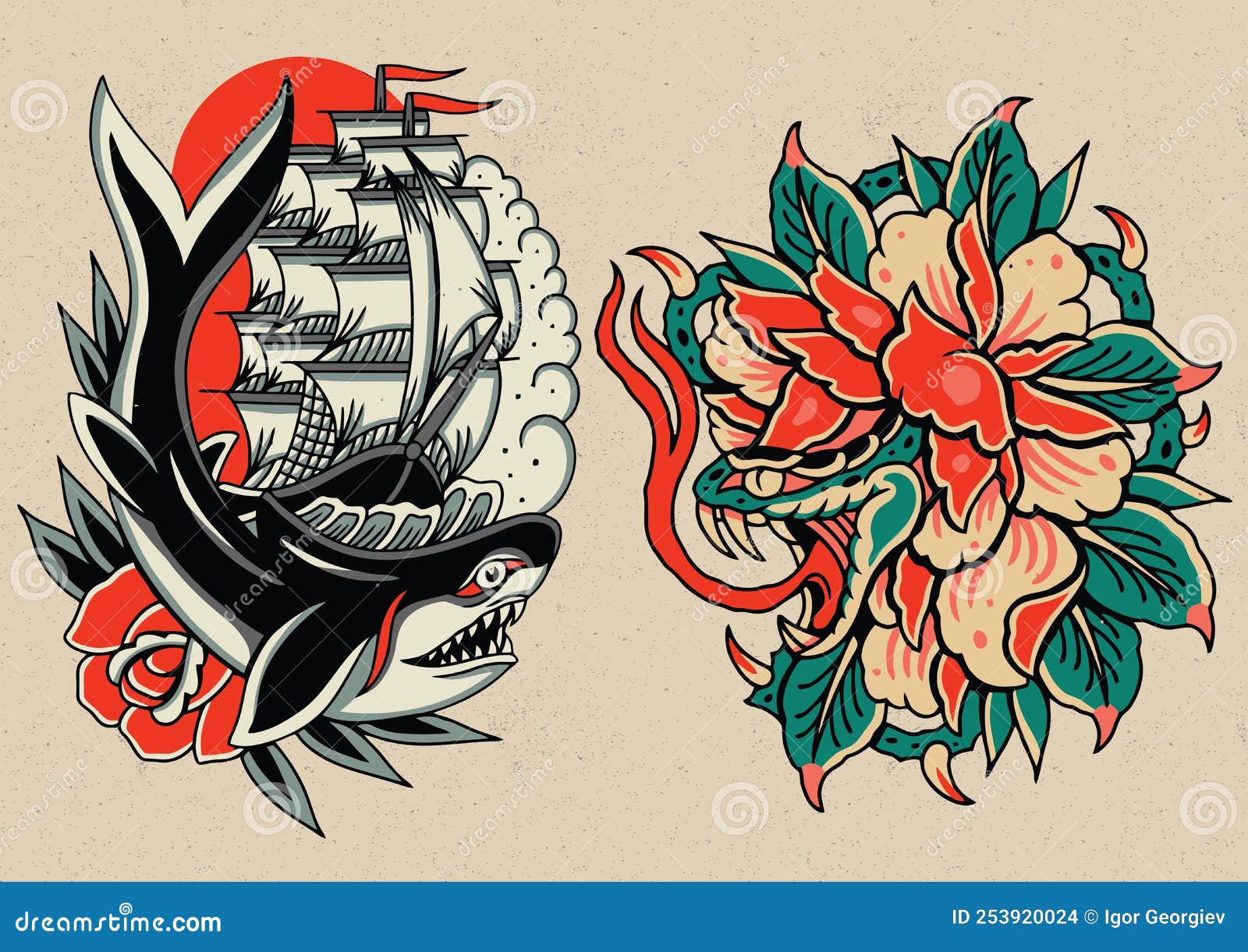 Old Skool Tatoo flash set stock vector. Illustration of barber - 253920024