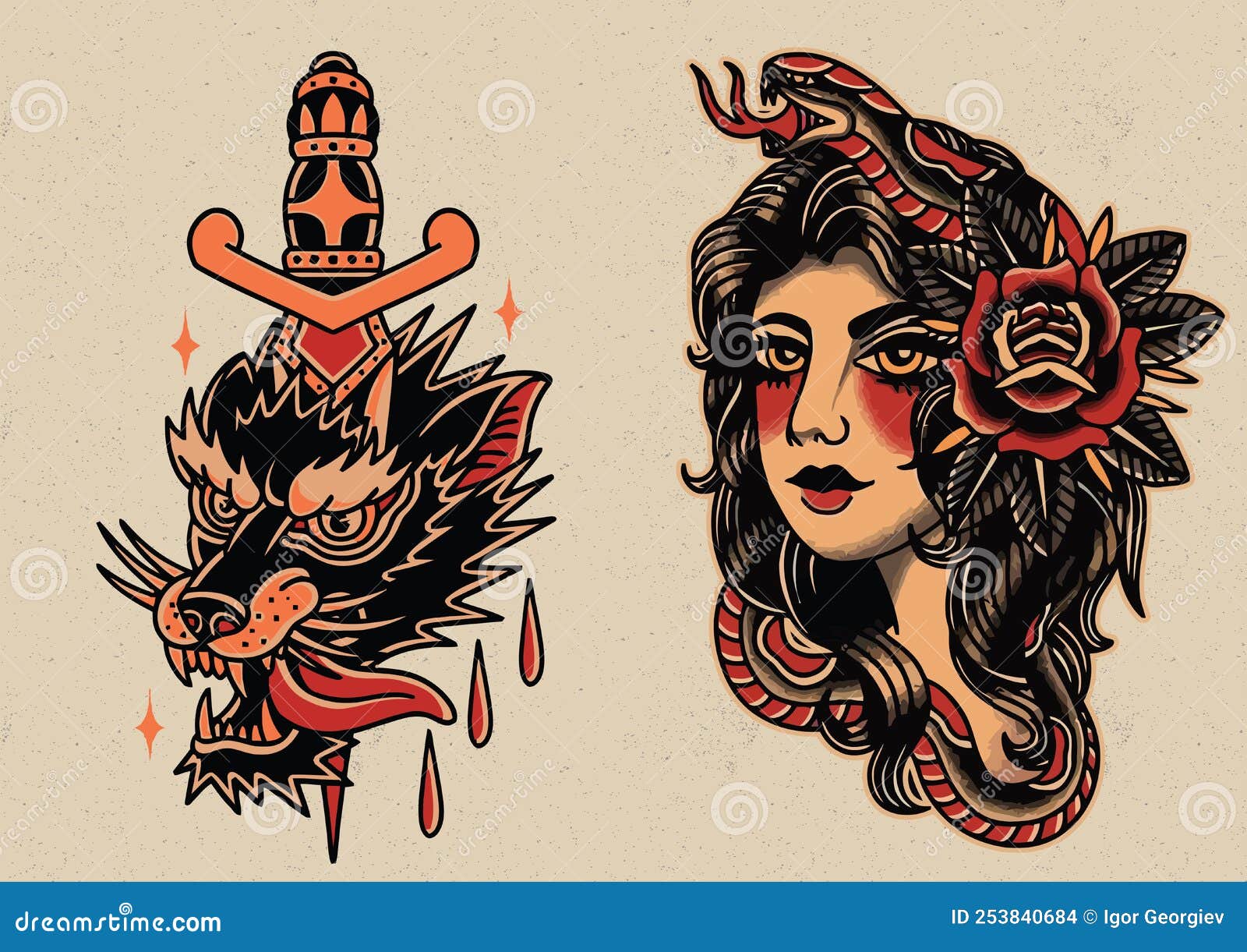 Old Skool Tatoo flash set stock vector. Illustration of frog - 253840684