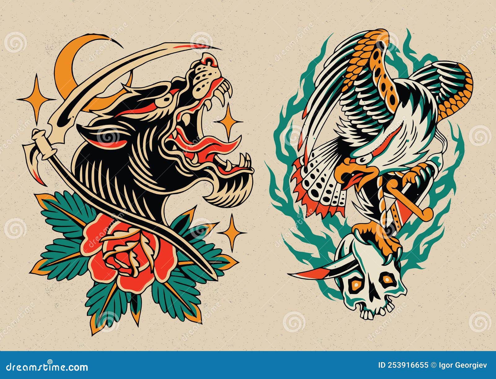 Old Skool Tatoo flash set stock vector. Illustration of girl - 253916655