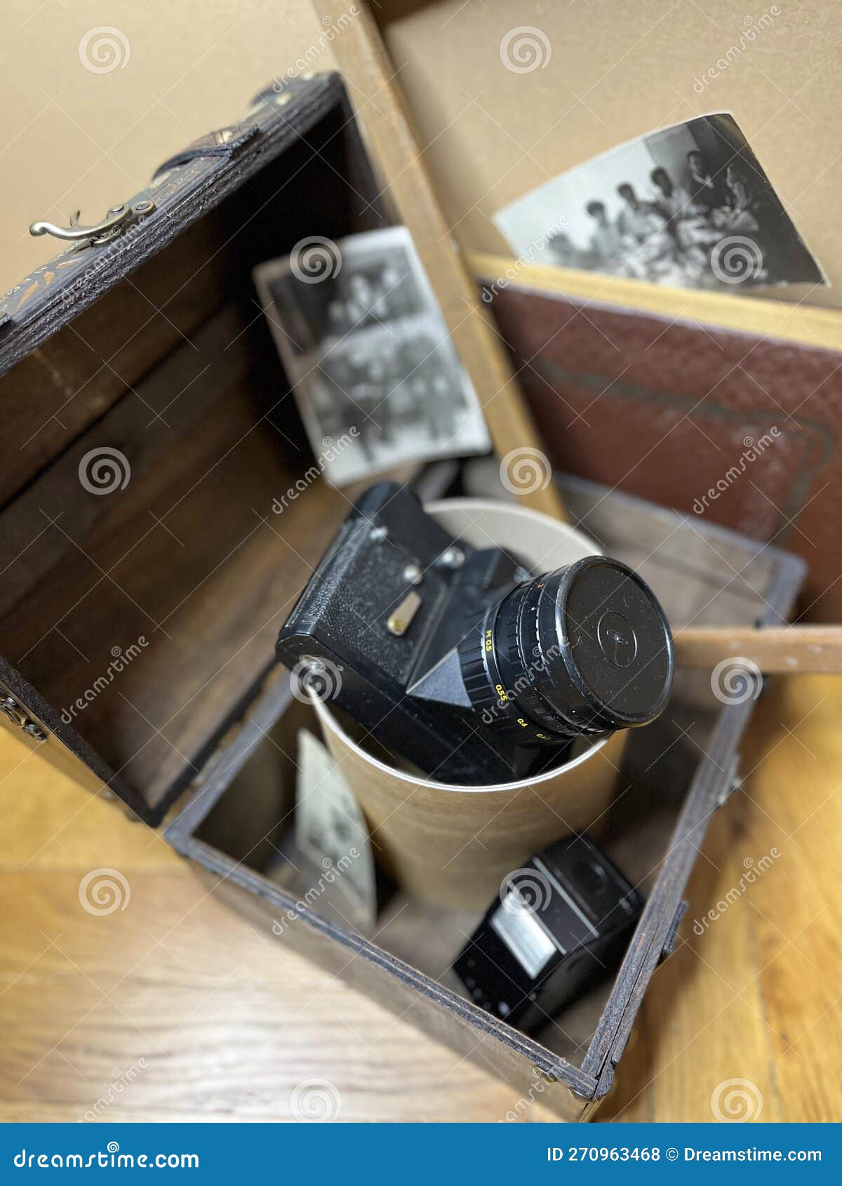 An Old SLR Camera in a Frame and in a Chest Stock Photo - Image of ...