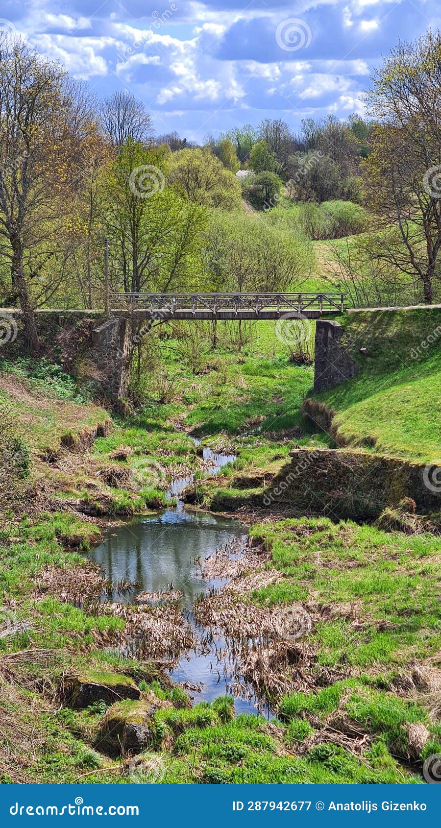 An Old Small Bridge Across Narrow Stream on Sunny Spring Day Stock ...