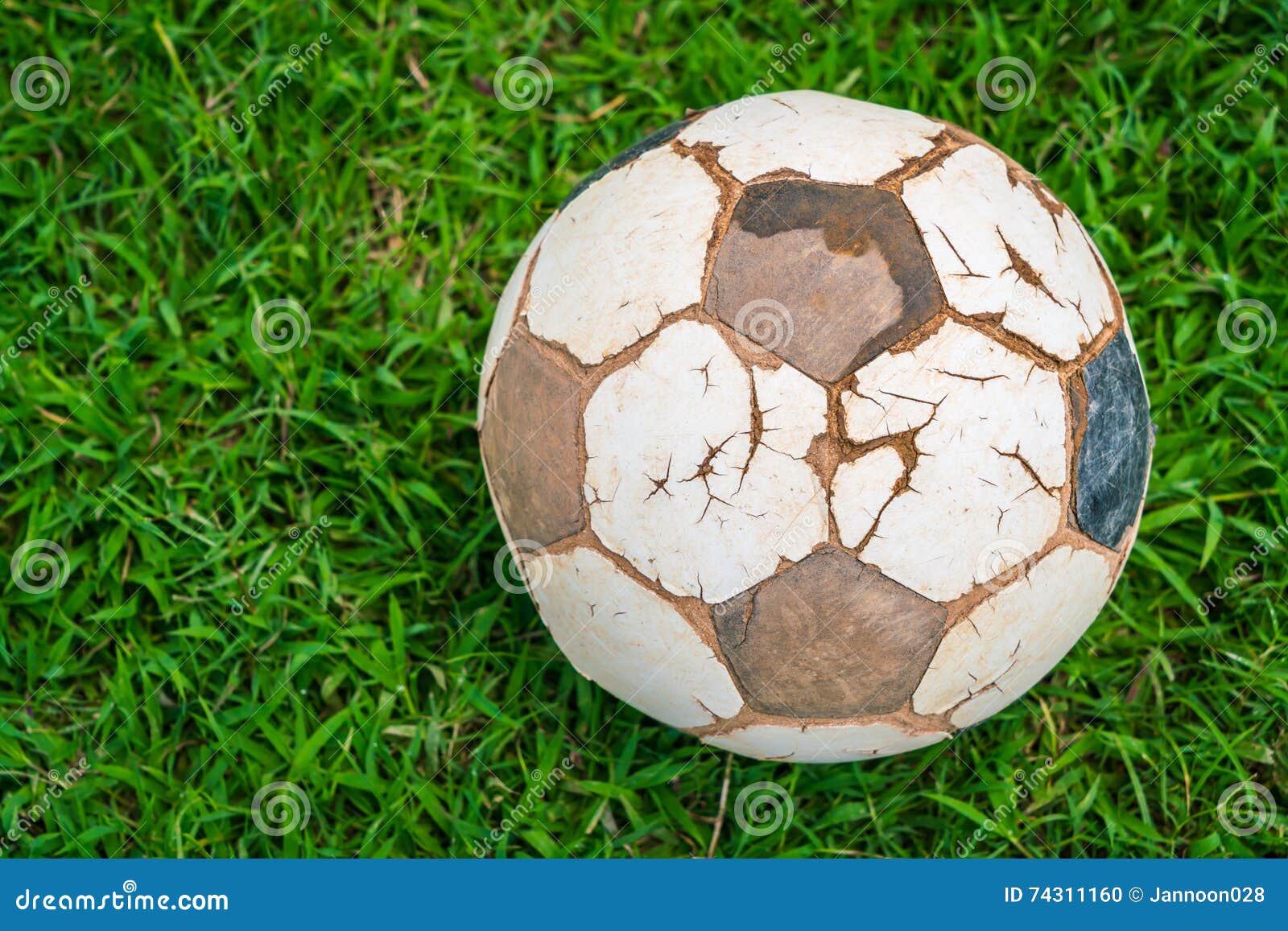 .Old Soccer Ball on Fresh Spring Green Grass Stock Photo - Image of ...