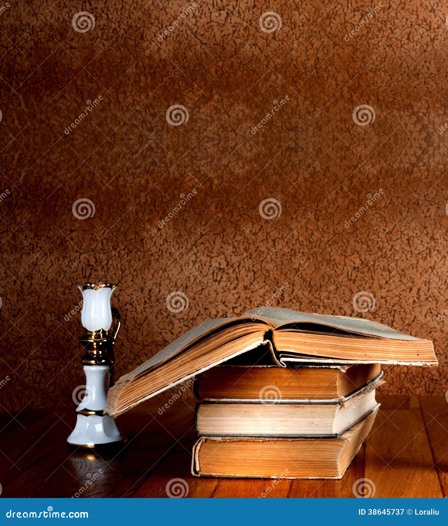 Old Stack of Books with Candlestick Stock Image - Image of brown, cover ...