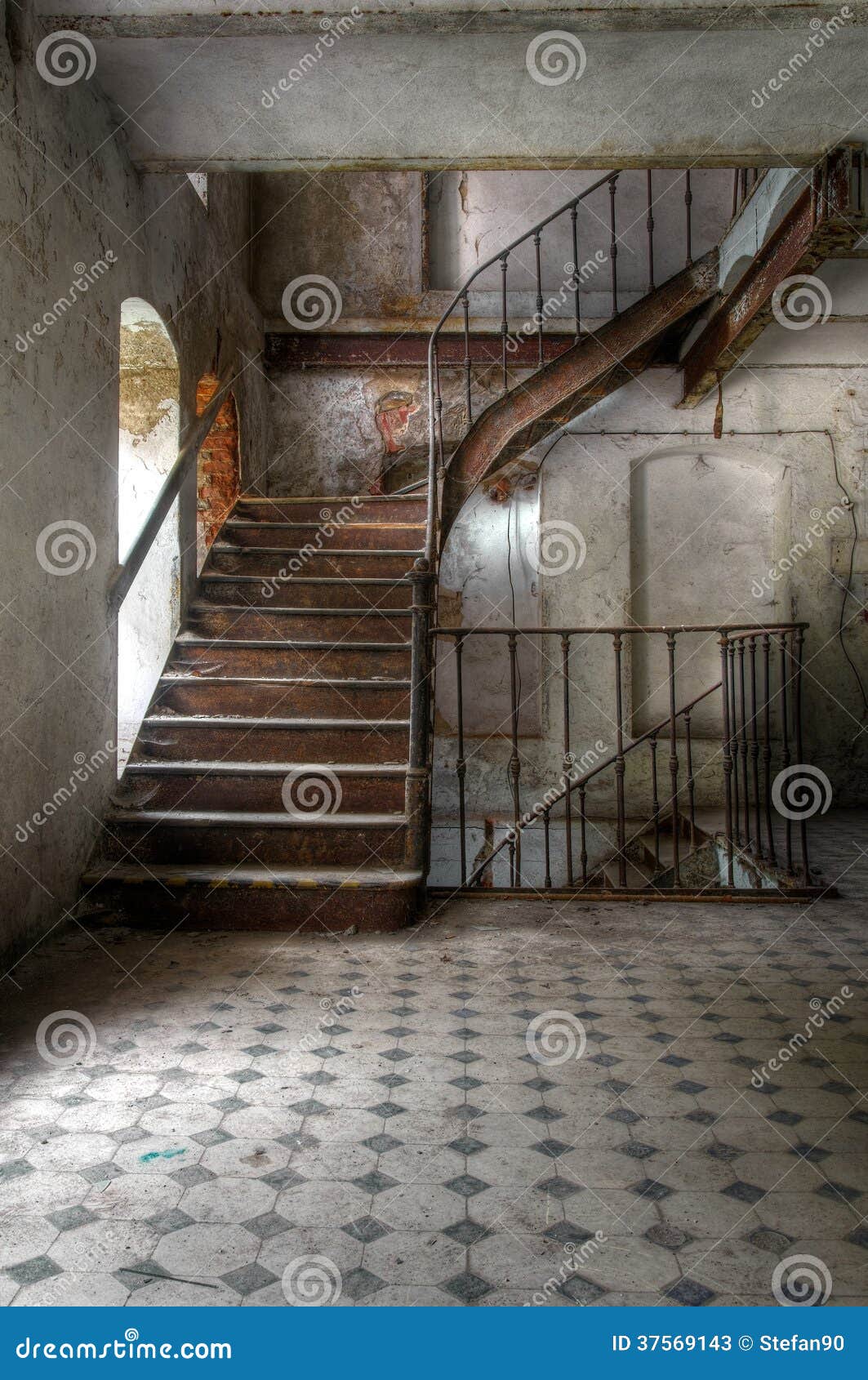 Old Staircase in an Abandoned Hall Stock Image - Image of industrial ...