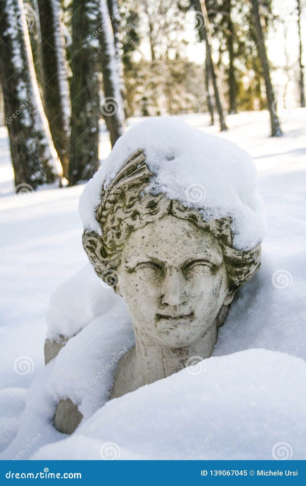 Old Statue of Female Head in the Snow Stock Image - Image of garden ...