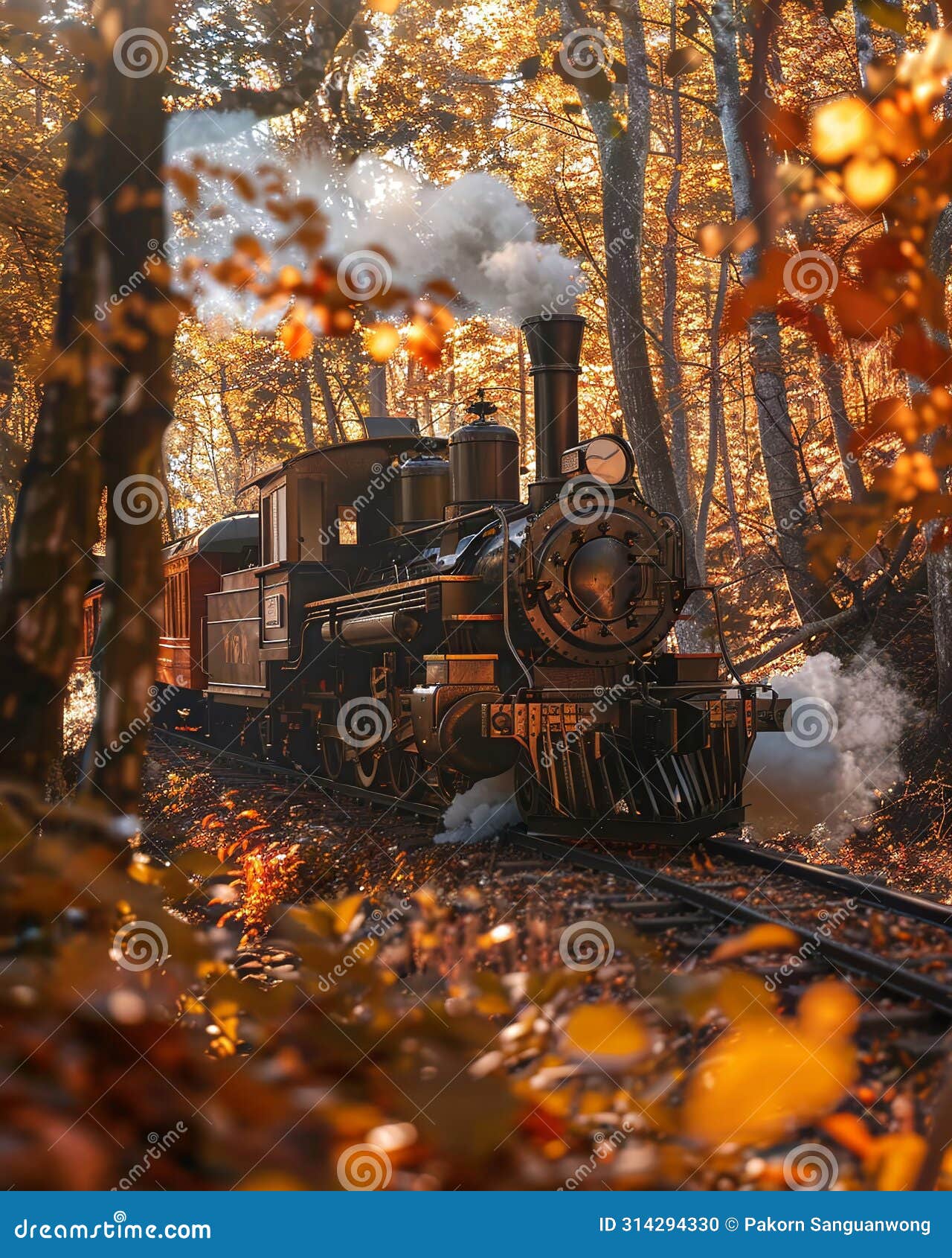 Old Steam Engine Puffing through an Autumn Forest, Side View Stock ...