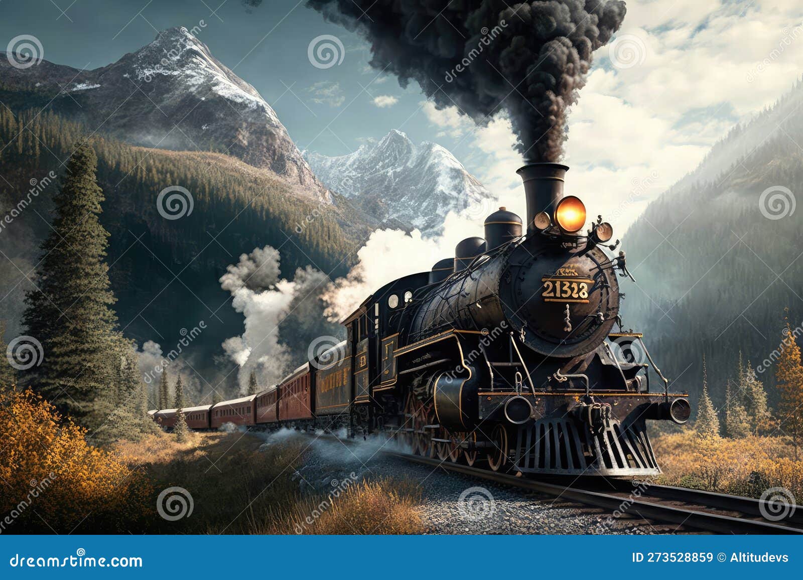 Old Steam Locomotive Pulling Train on Scenic Route through Mountains ...