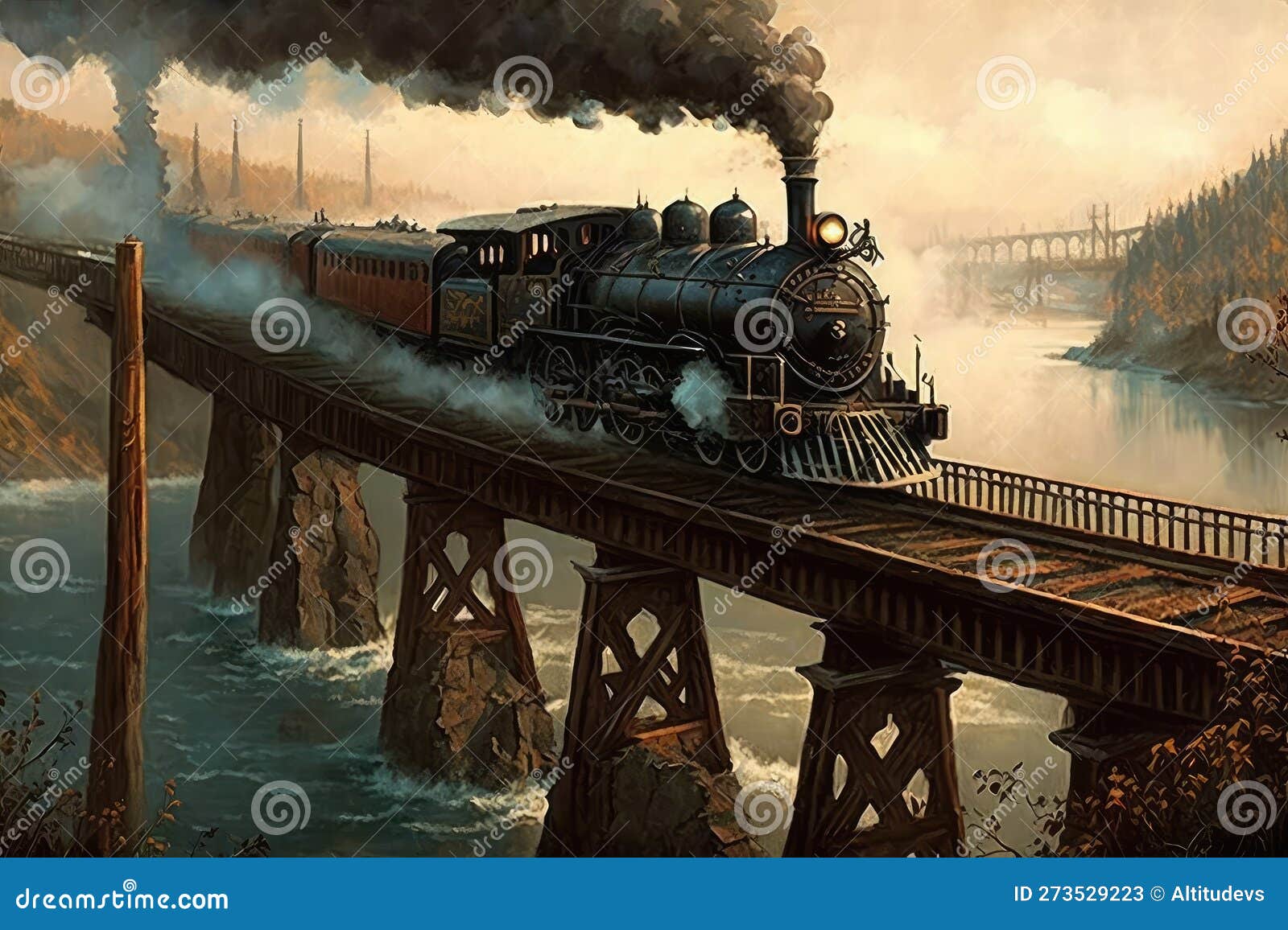Old Steam Train Crossing Over Bridge, with View of the River Below ...