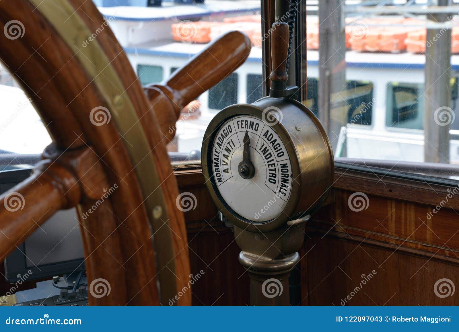 Old Steamboat Bridge, Steering Wheel and Commanding Gear Stock Image ...