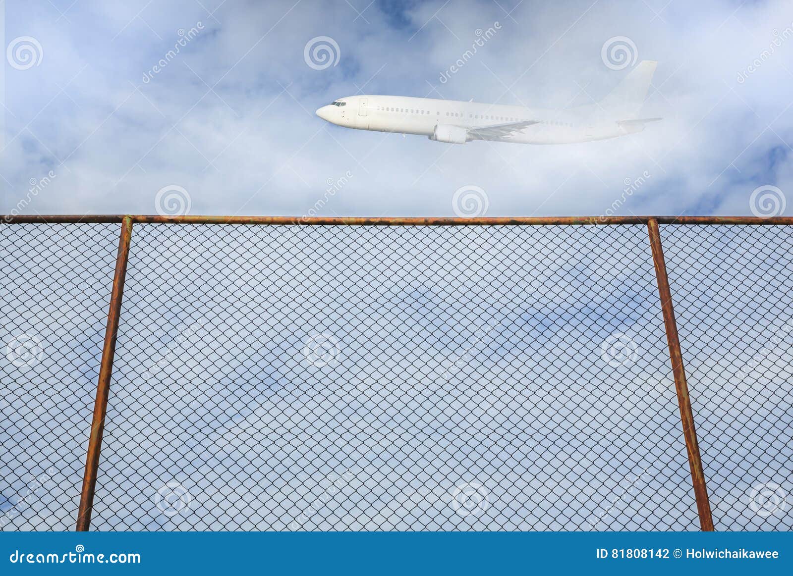 Old Steel Fence with Plane Flying in the Sky Stock Photo - Image of ...