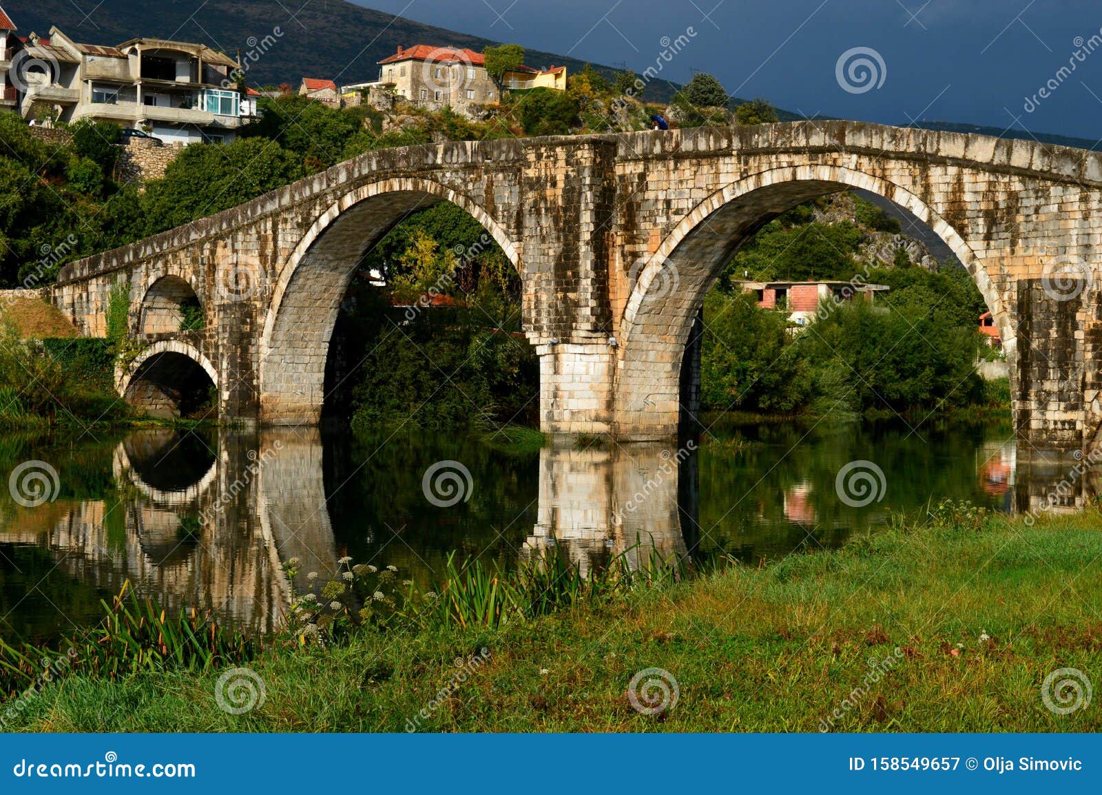 Stone Bridge and Reflection on River Stock Image - Image of color ...