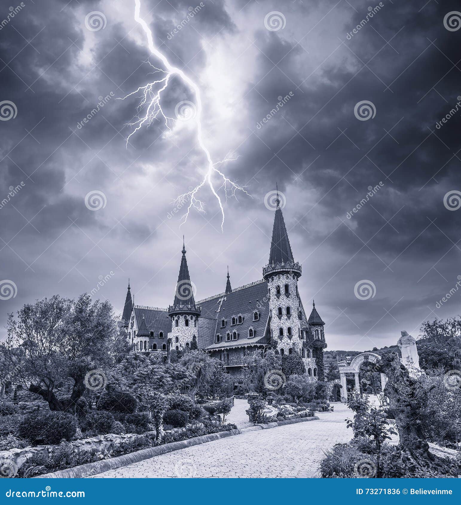 Old Stone Castle and Lightning. Stock Photo - Image of lindenhof, moody ...