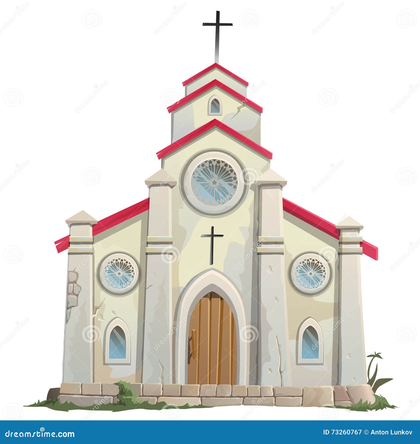 Old Stone Catholic Church in Cartoon Style Stock Vector - Illustration ...
