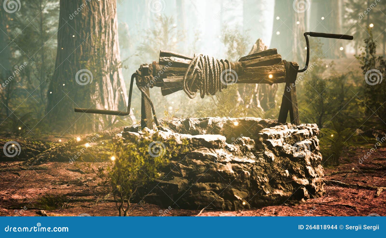 Old Stone Draw Well in the Forest with Fog Stock Illustration ...