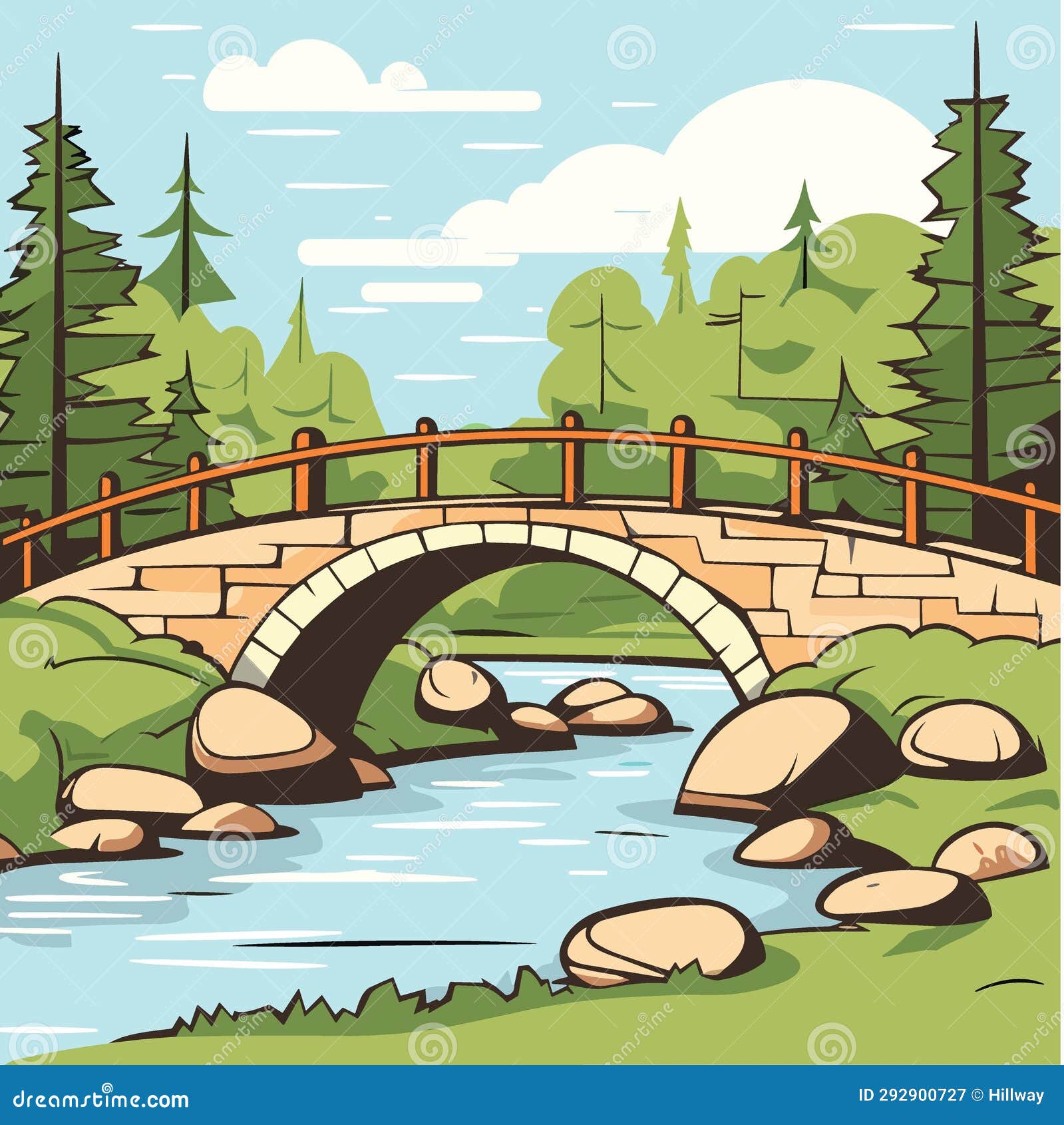 Old Stone Footbridge Over River Vector in Cartoon Style Stock ...
