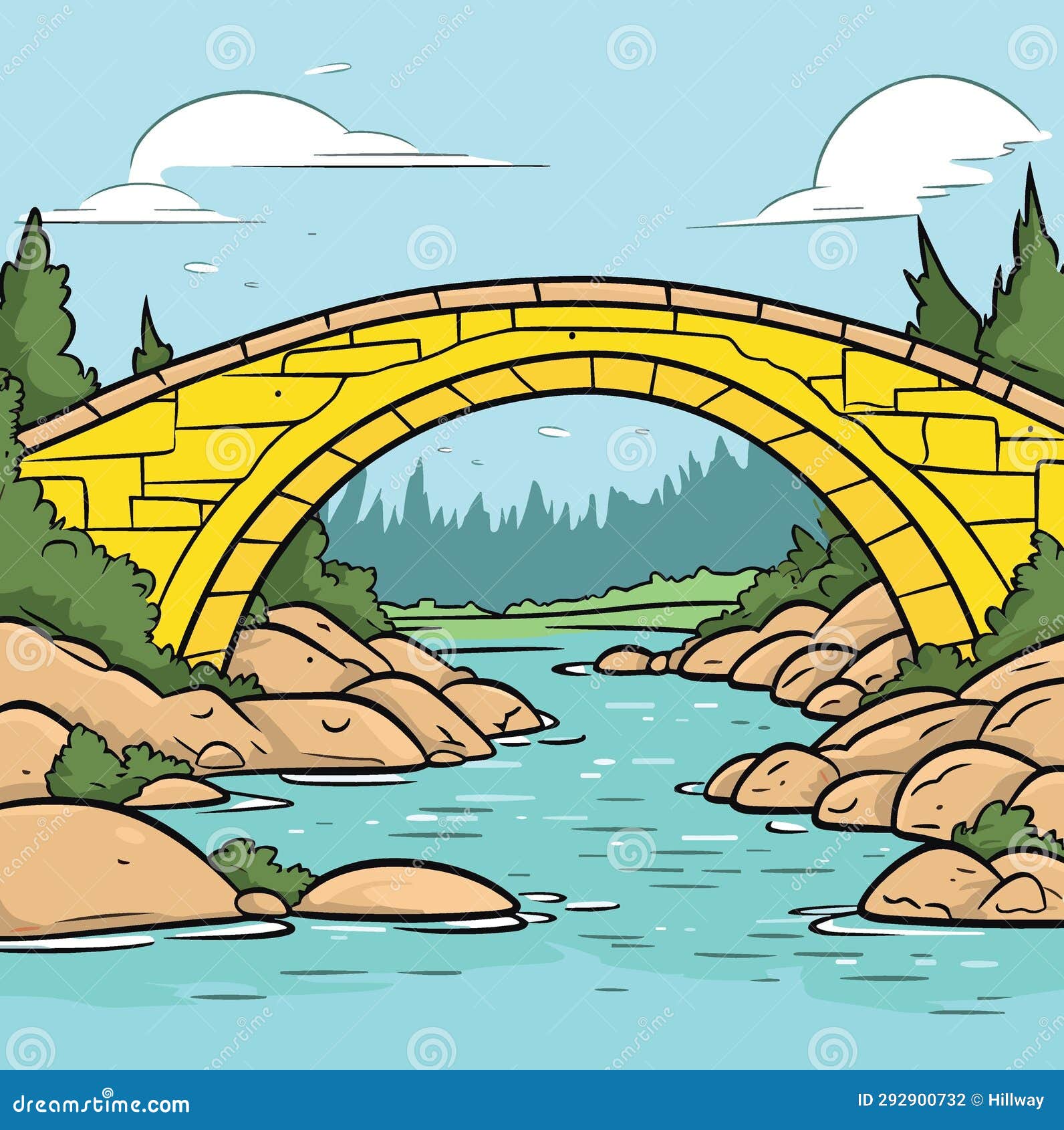 Old Stone Footbridge Over River Vector in Cartoon Style Stock ...