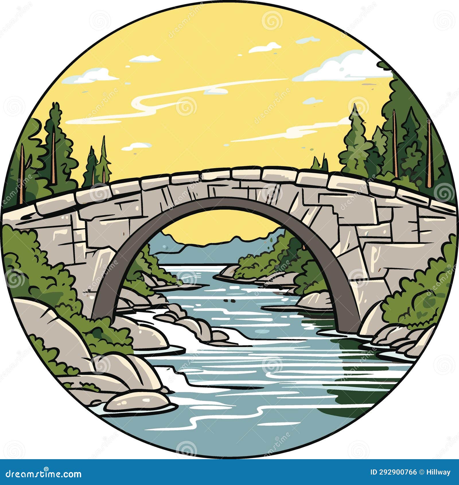 Old Stone Footbridge Over River Vector in Cartoon Style Stock ...