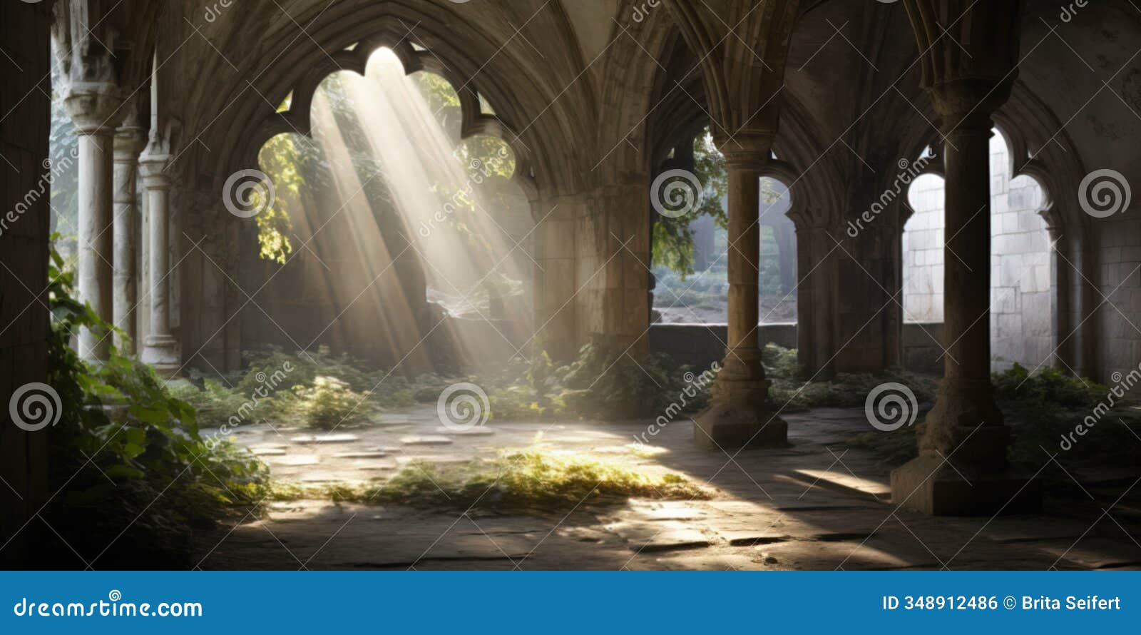 An Old Stone Gothic Walkway Lined with Arches Stock Illustration ...