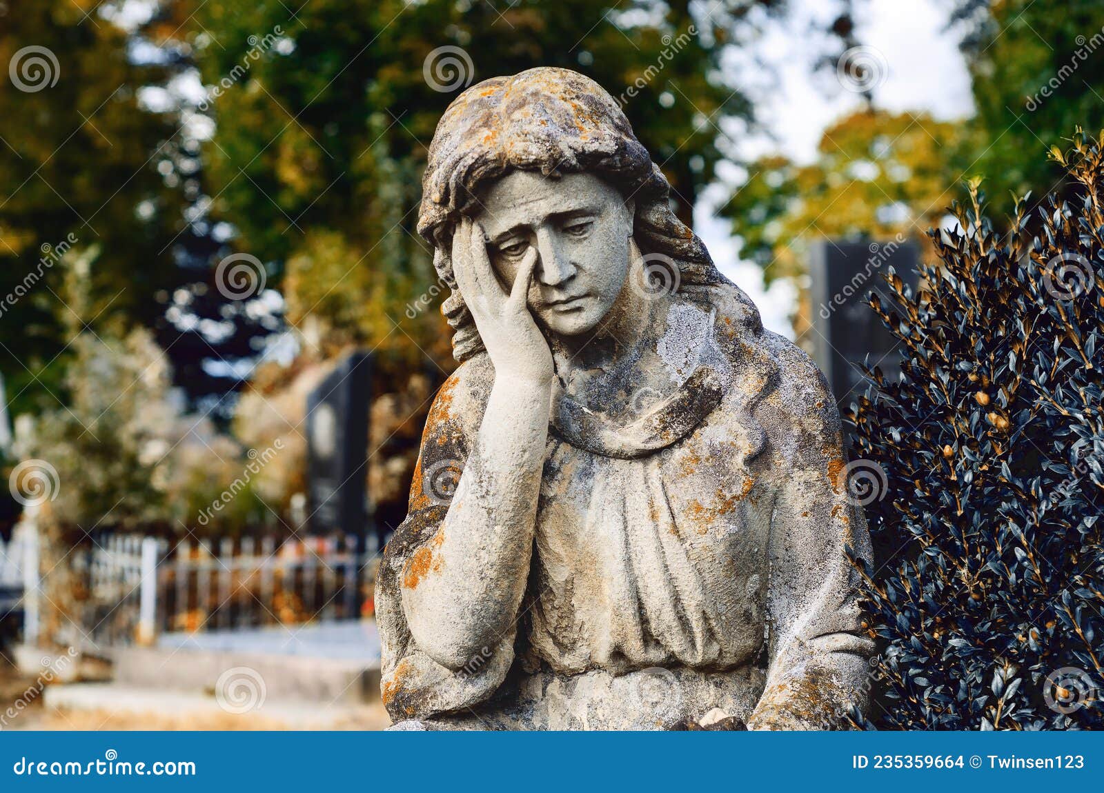 Old Stone Statue in the Cemetery. Sad Stone Woman Stock Photo - Image ...